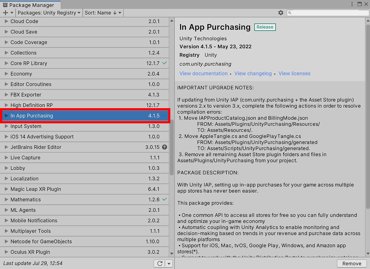 유니티 안드로이드 프로젝트에서 인앱 구매 및 결제(Unity IAP, In app purchasing) 사용하기