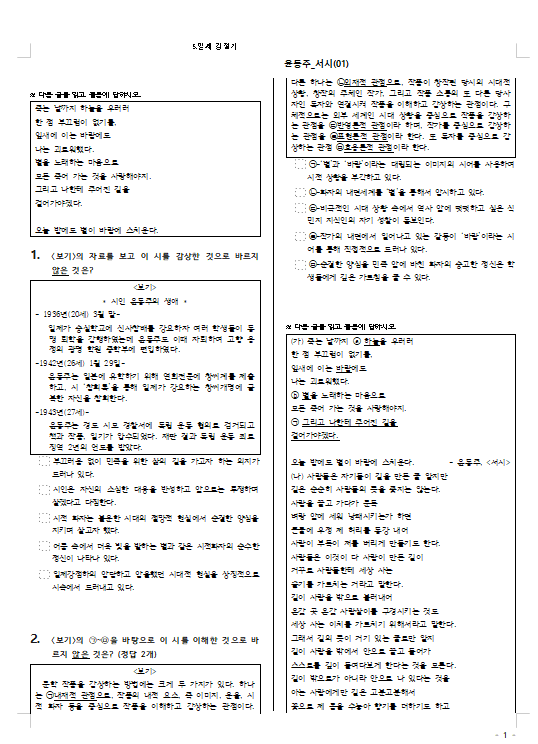 네모국어 현대시 서시윤동주 문제 및 정답