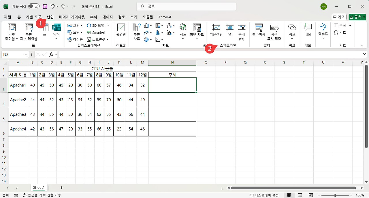 엑셀에서 스파크라인을 이용해 추세선으로 데이터 시각화하기