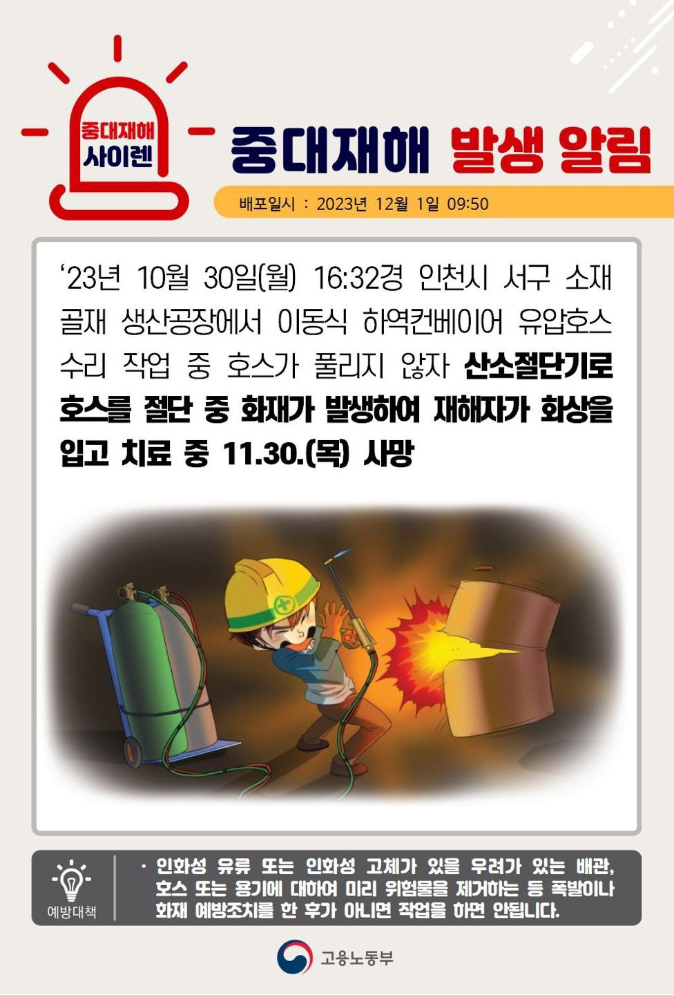산소절단기로 호스 절단 중 화재로