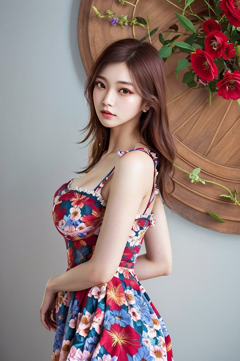 귀여운 스타일의 꽃무늬 선드레스 입은 여자 Ai 사진 그림