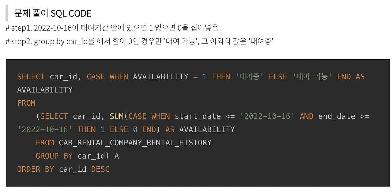 [1223 TIL] sql 코드카타 - 59번 문제 자동차 대여 기록에서 대여중/대여 가능 여부 구분하기(max, case when)