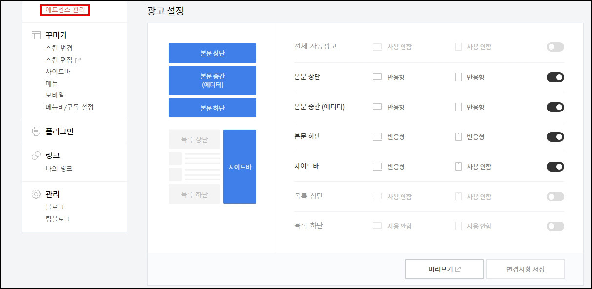 구글 애드센스 티스토리 앵커 전면 광고 설정 방법 잡지식 공유소