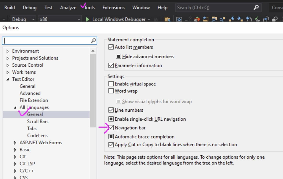 visual studio - show navigation bar