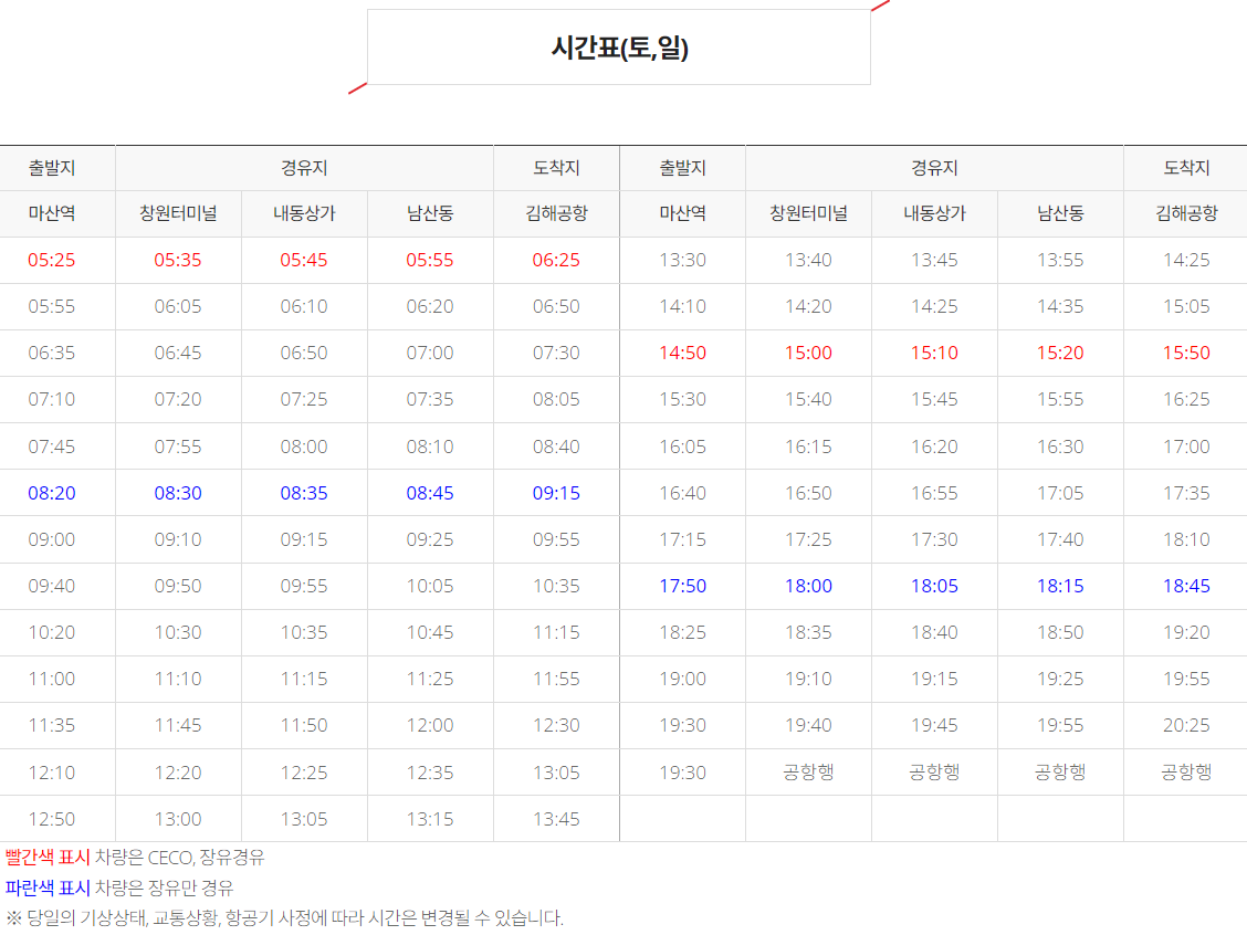 마산 창원 김해공항리무진 시간표예매 요금 노선 승차위치기본 정보