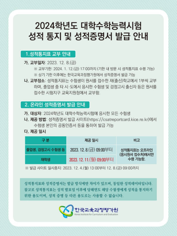 2024 수능성적표 발표 성적통지표 조회 수능 성적증명서 온라인 발급 안내
