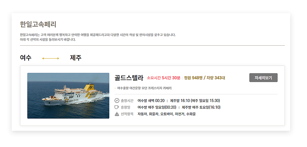 한일고속페리 여수 제주 배편 요금 운항 시간표