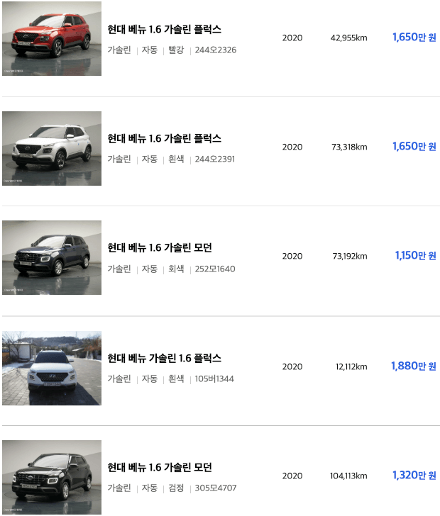 베뉴 중고차 시세 가격표 2019~2022 2023 2024