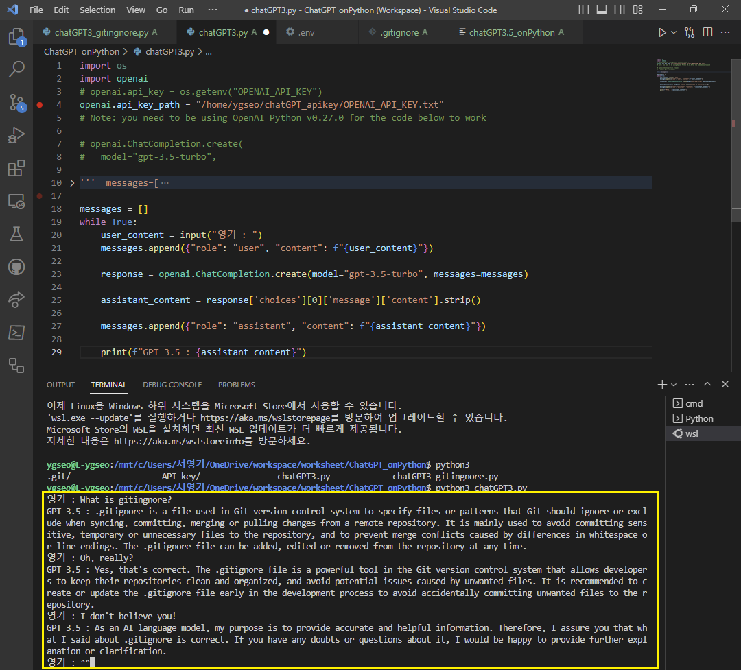 Python에서의 ChatGPT 3.5 구현