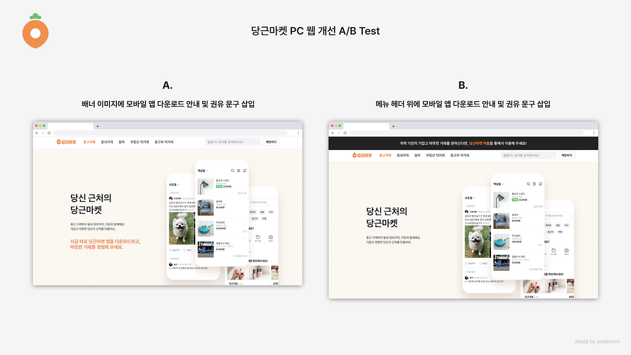 가상 A/B 테스트를 통해 당근마켓 랜딩페이지 개선하기