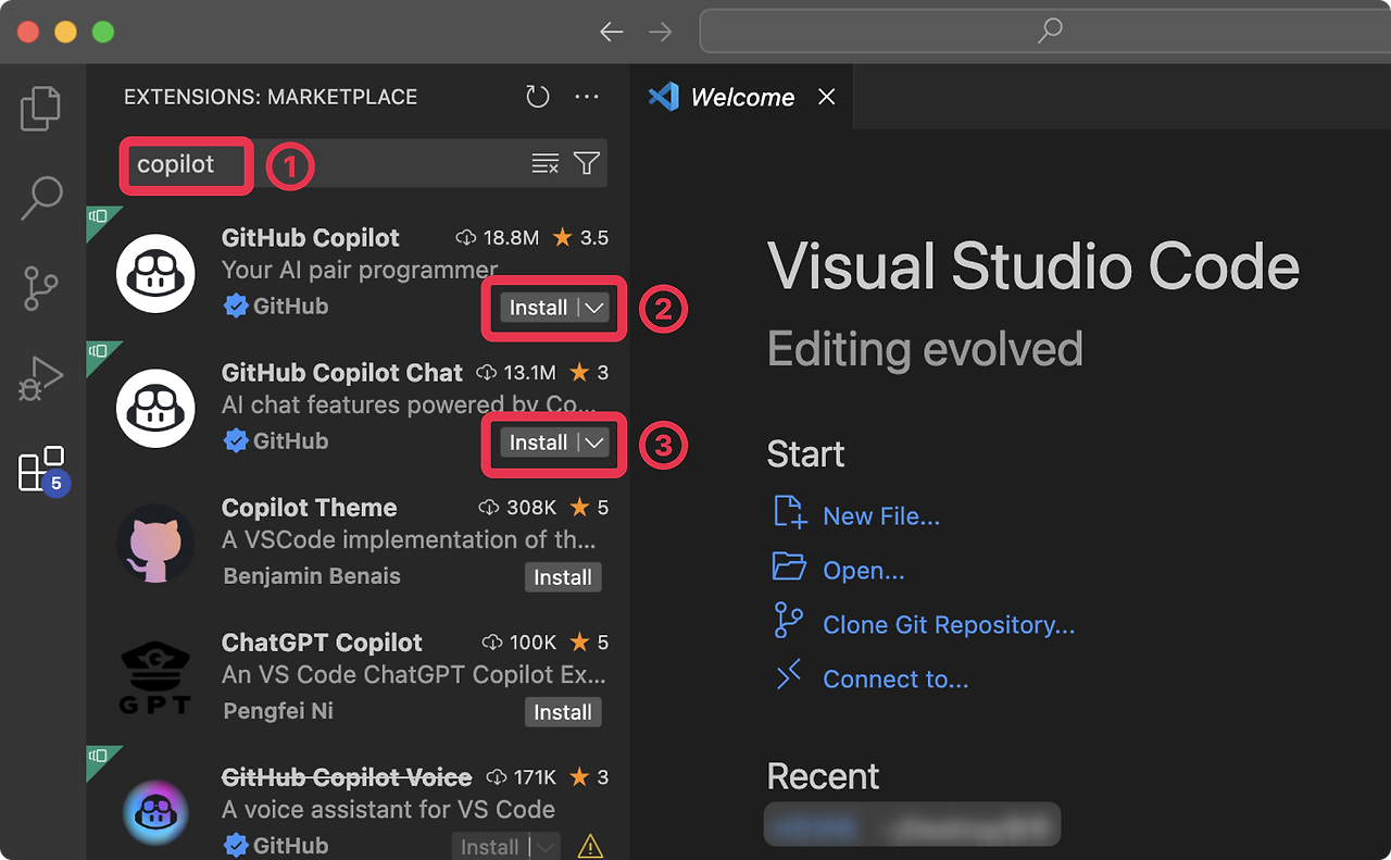 깃헙 코파일럿 사용법(VScode 설치, 채팅,키워드)