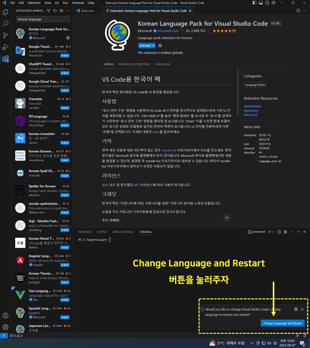 파이썬python Vs Code 한글 언어 팩 설정하기