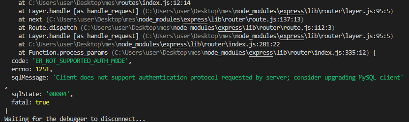 Nodejs 에서 Mysql 80 에 연결할 때 Does Not Support Authentication Protocol 오류가 발생하는 경우