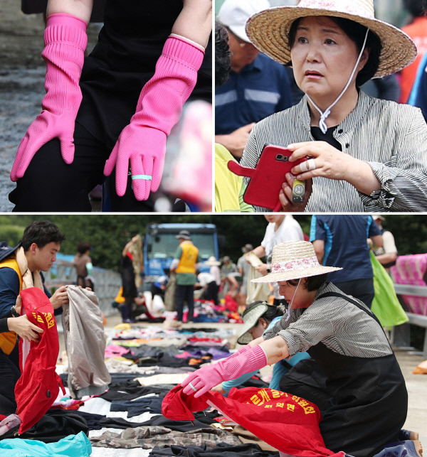 화보 김정숙 여사 반창고 붙인 손으로 빨래 널고 설거지수해현장 봉사