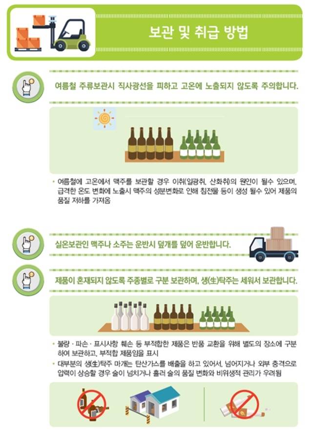 맥주는 직사광선 피해서 소주는 석유류와 분리해서 생탁주는 세워서 보관