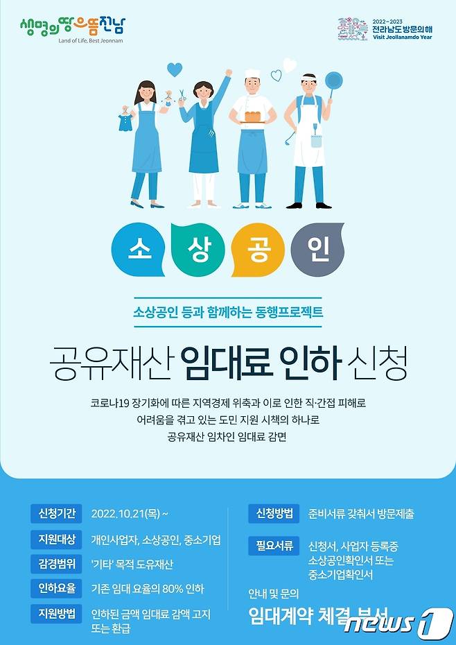 전남도 도유재산 사용 소상공인 임대료 감경12월까지 최대 80