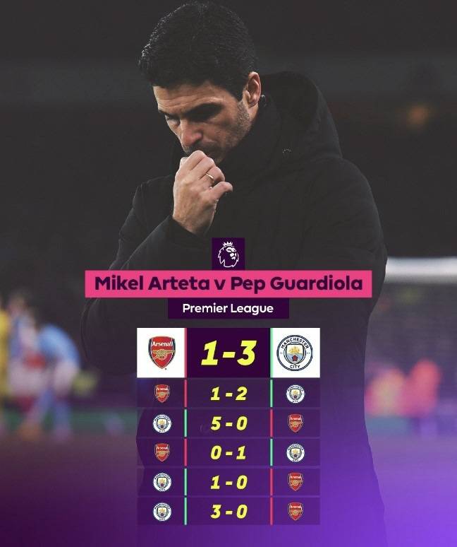 '그의 그림자가 너무 지독하다' 아르테타 EPL 맞대결 6전 전패, 펩 앞에선만 계속 작아진다
