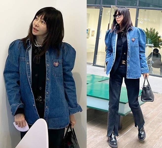 황신혜 툭 걸친 데님 셔켓 60대 패션 인싸의 봄 셔켓 나들이룩 패션엔