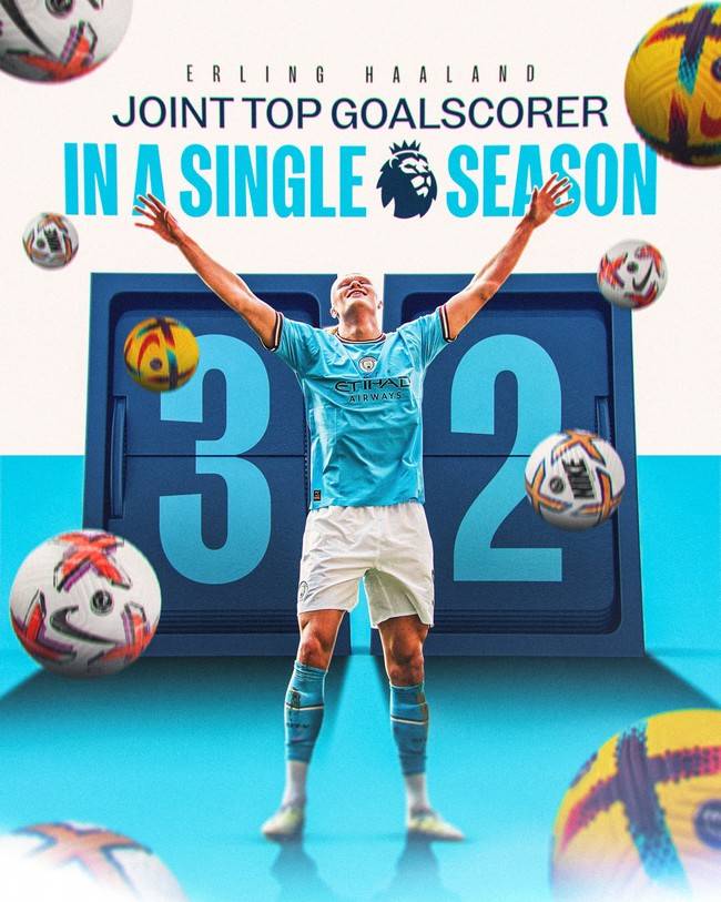 '홀란스럽다' EPL 32호골, '38경기 체제' 최다골 타이 기록까지