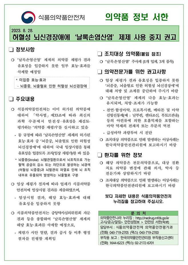 식약처 날록손 주사제 뇌신경장애 환자 사용중지 권고