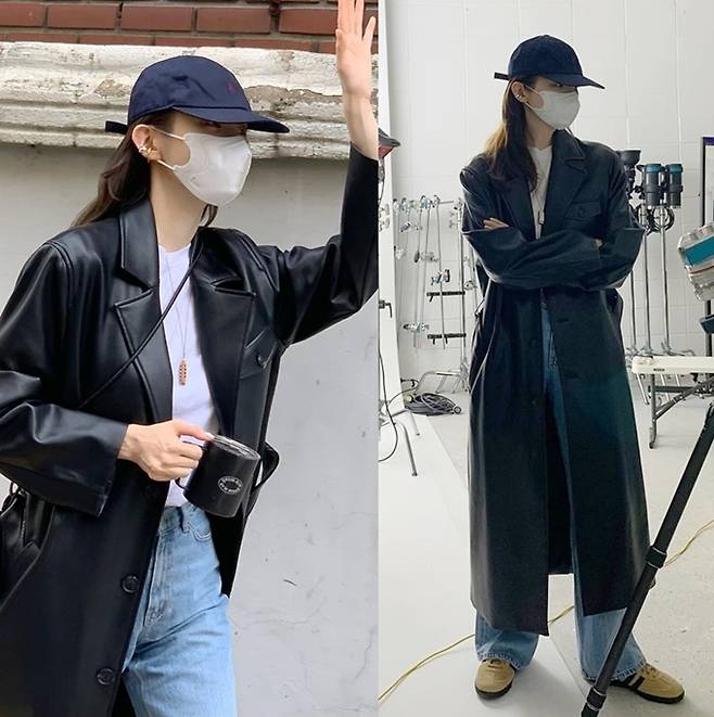 강민경 주말은 볼캡에 가죽 패션 Ceo의 쿨한 가죽 코트룩 패션엔