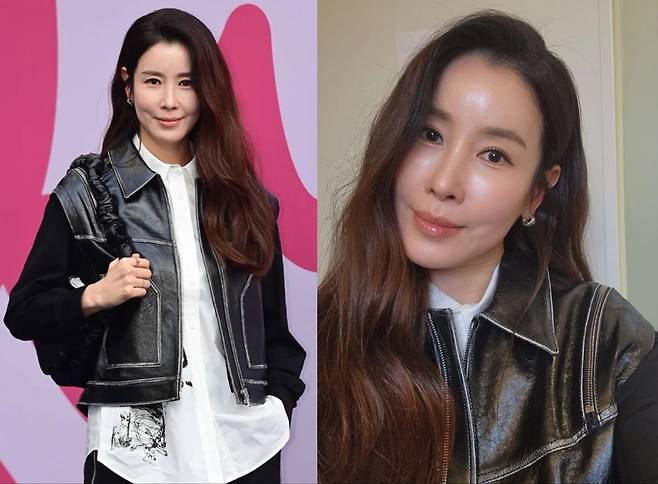 이태란 진정한 패셔니스타 멋들어지는 크롭 가죽 재킷 카고 팬츠룩 스타와 패션