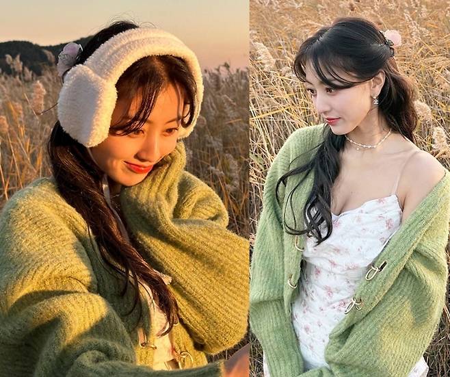 트와이스 지효 섹시 청순 다 가졌네 노을 보다 예쁜 니트 카디건 산책룩 패션엔