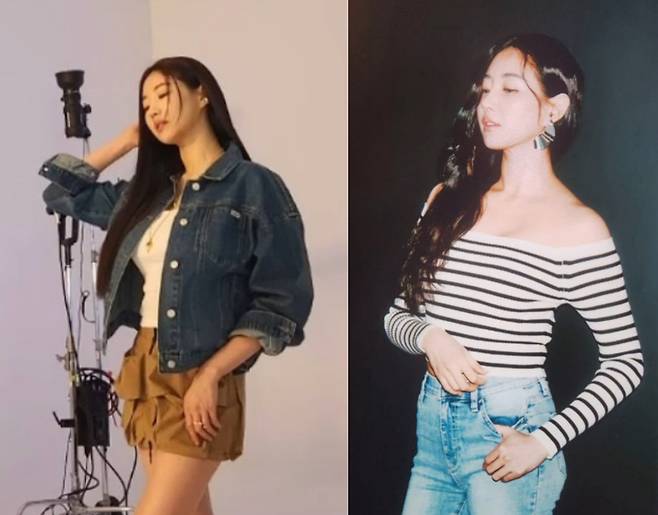 김사랑 잘록한 슬랜더 자태청순한 오프숄더 티셔츠 청바지 미니스커트 패션 스타와 패션
