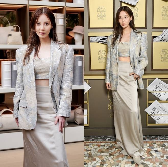 서현 밀라노 홀린 여신 자태 새틴 스커트와 시퀸 재킷 젠틀 럭셔리룩 패션엔
