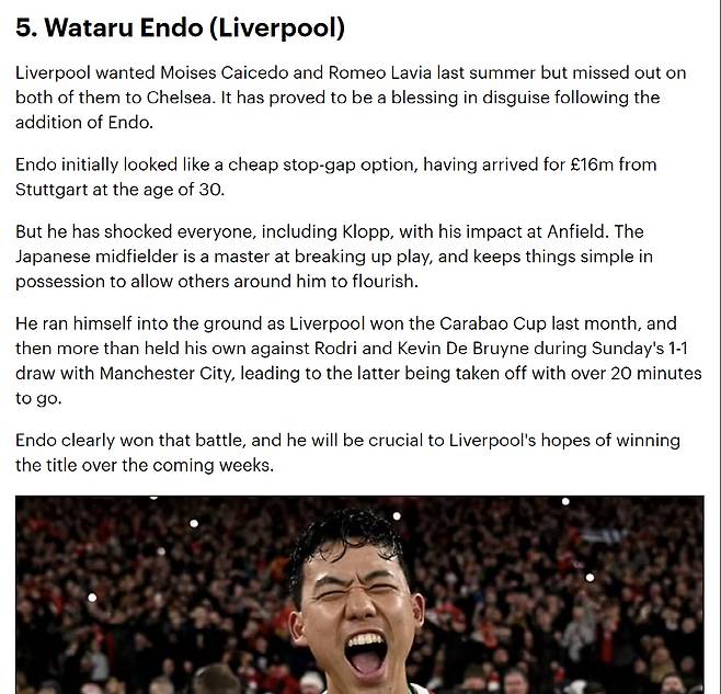 '우리 엔도 절대 월클 맞습니다'...日 특급 수미, 올 시즌 EPL 최고의 영입 TOP10 선정...'SON 동료보다 좋아!'