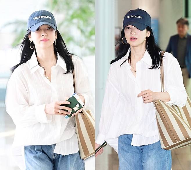 송혜교 화이트 셔츠와 청바지 무심한듯 힙한 공항패션 로마 출국길 패션엔