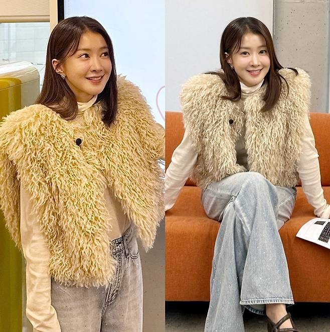 이시영 기은세 응원 일찍 꺼내 입은 볼레로 깃털 퍼 베스트 나들이룩 패션엔