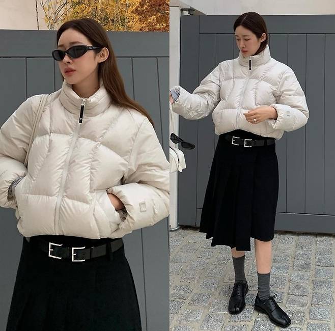 차정원 스타일 퀸 벨티드 스커트와 화이트 패딩 찰떡 올 겨울 첫 패딩룩 패션엔