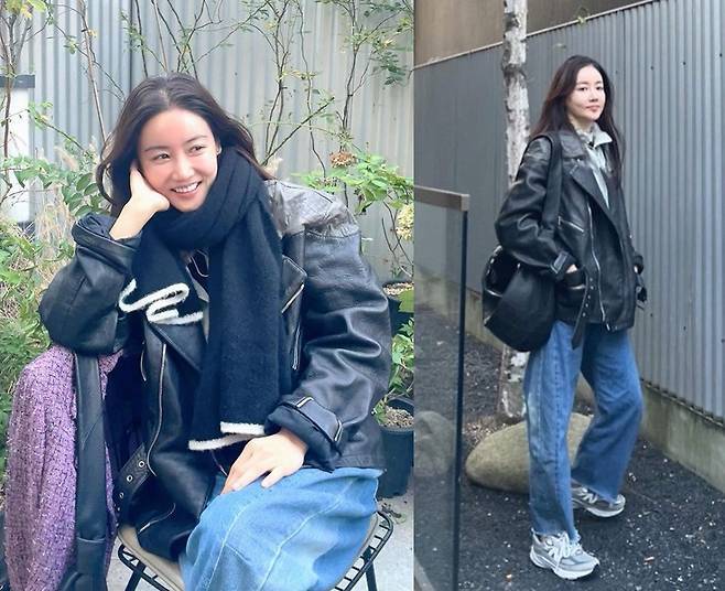 황우슬혜 세련된 레트로룩 머플러와 가죽 재킷의 완벽 매치 스타와 라이프