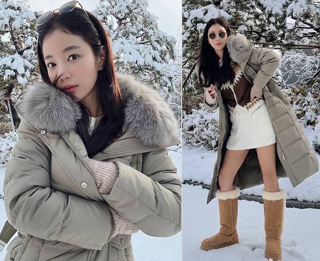 기은세 펑펑 내린 흰 눈에 너무 행복 롱 패딩 미니 스커트 겨울 여신룩 뷰티는 내운명