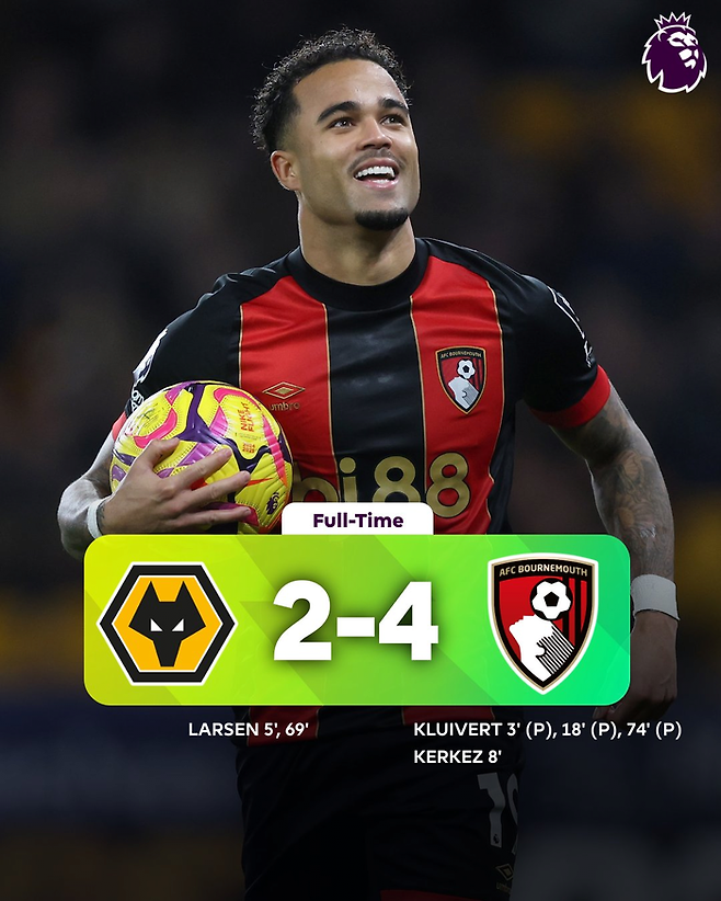 본머스, PK로 EPL 최초 기록 달성···클라위버르트 ‘PK 해트트릭’ 에반닐손 3개 유도