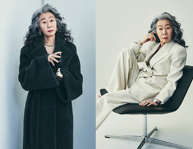 윤여정 77세 믿기지 않는 우아함 모델도 버거운 맥시 코트 완벽 소화 화이트 슈트룩 뷰티는 내운명