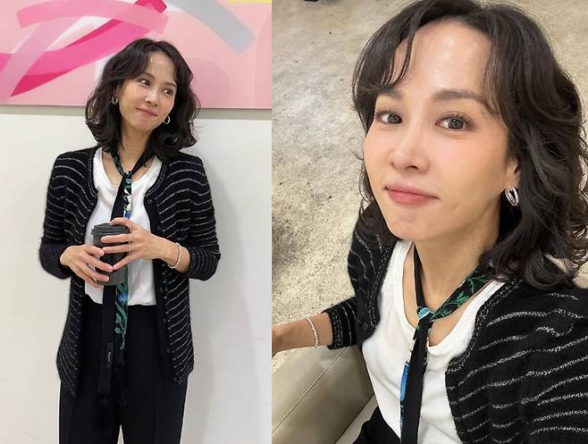조여정 세련된 내추럴 출근룩 스트라이프 카디건에 시크한 미소로 ‘우아美 완성 뷰티는 내운명