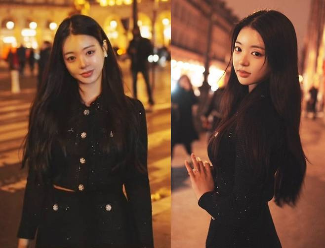 미스코리아 유시은 파리 밤 거리에서 빛난 올블랙 트위드 매직 스타와 패션