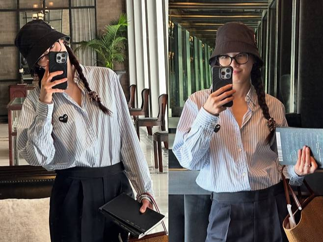 이청아 이런 스타일도 찰떡 버킷햇땋은 머리로 러블리 스트라이프룩 완성 스타와 라이프