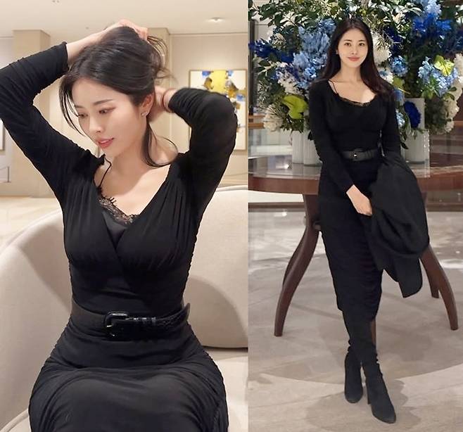 ‘예비신부 서동주 앉아도 개미허리 더 예뻐진 S라인 블랙 벨티드 원피스룩 패션엔