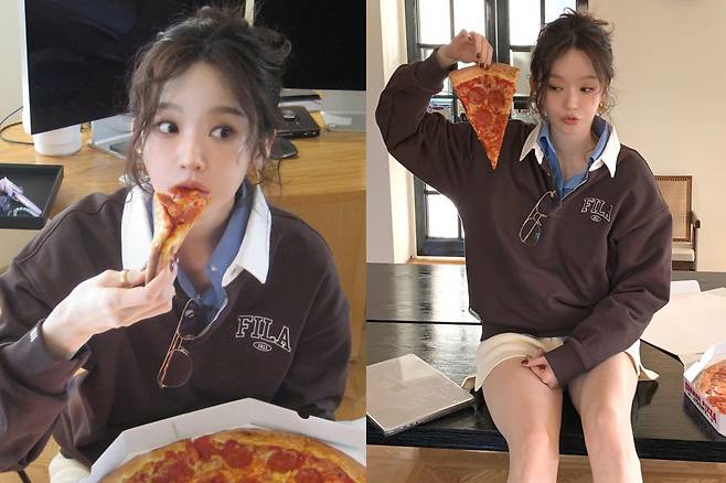 강민경 피자 한조각에 살쪘다고 엄살 안경 걸친 친근감 100배 맨투맨 쇼츠룩 대본은 내운명