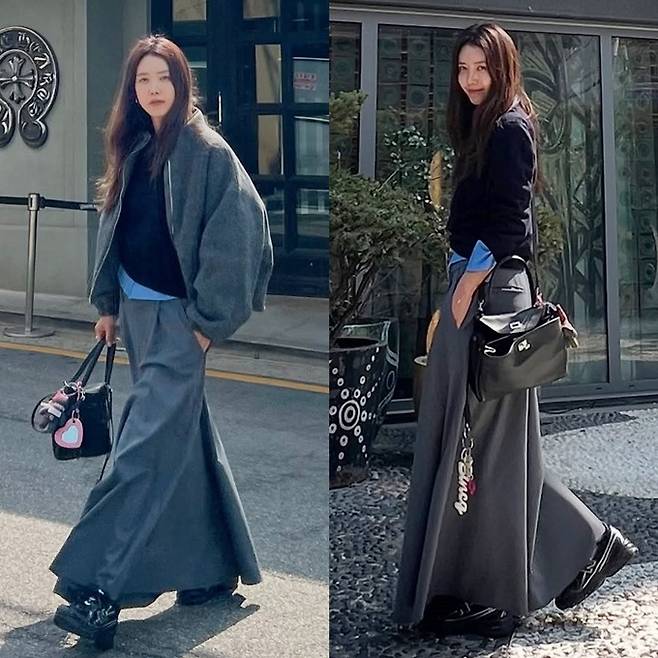 채정안 스타일링 멋져 롱 스커트와 봄머 재킷 환상의 모델 핏 봄 외출룩 패션엔