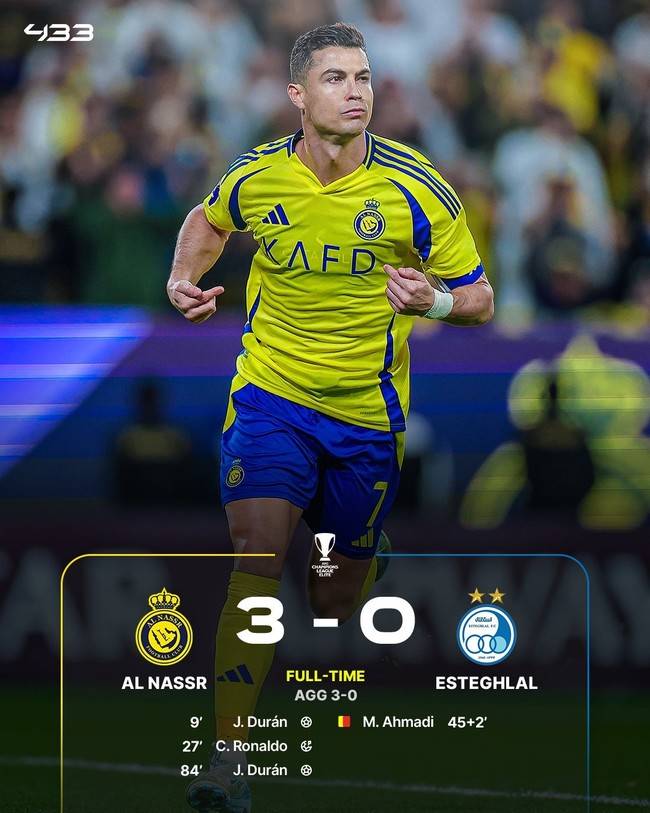 [ACLE 리뷰] '호날두 PK 파넨카킥→927호골' 알 나스르, 에스테그랄 3-0 격파...ACLE 8강 진출