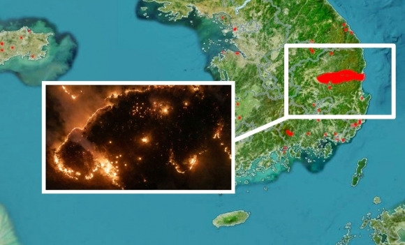 우주서도 찍힌 ‘괴물 산불 처참시뻘건 한반도 연기 자욱 포착