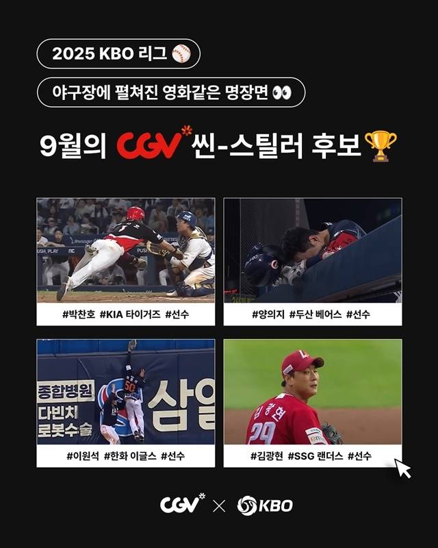 KBO, ‘홈 스틸 박찬호·2000K 김광현’ 등 월간 CGV 씬-스틸러상 9월 수상자 후보 발표