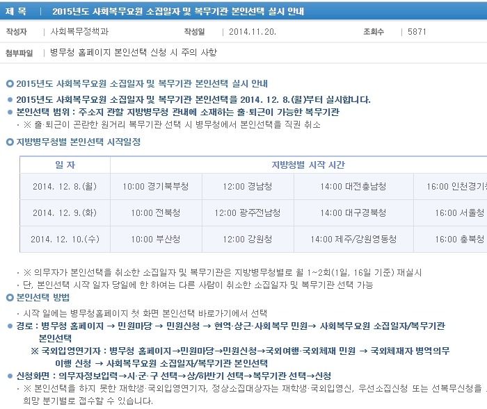 2015년도 사회복무요원 소집일자 및 복무기관 본인선택 Tip