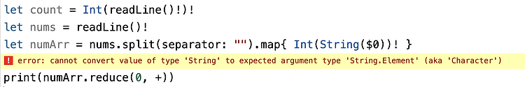 [algorithm] 백준 11720번 Error Cannot Convert Value Of Type String To Expected Argument Type