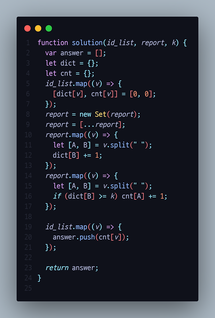 프로그래머스 / Level1 , 2022 KAKAO BLIND RECRUITMENT , 신고 결과 받기 자바스크립트 , JS — 윤수현의 개발 공간