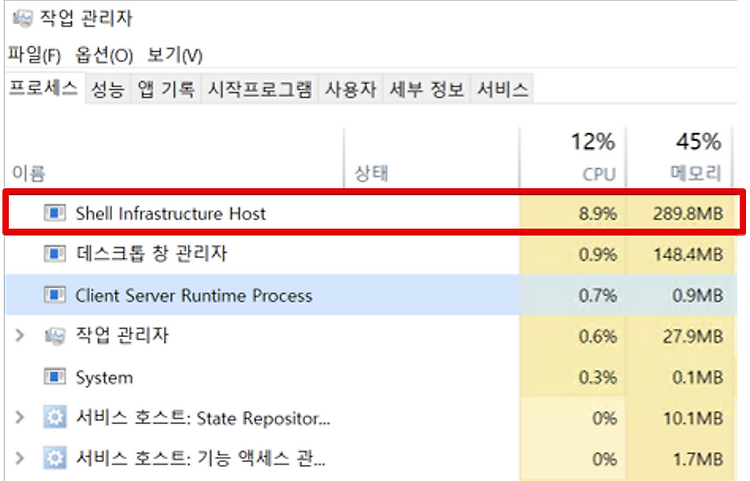 [윈도우10] Shell Infrastructure Host CPU/메모리 점유율 과부화 해결방법 / Sihost.exe 전력 사용량 매우 높음 / 사진 앱 오류 / 팬소음 ...